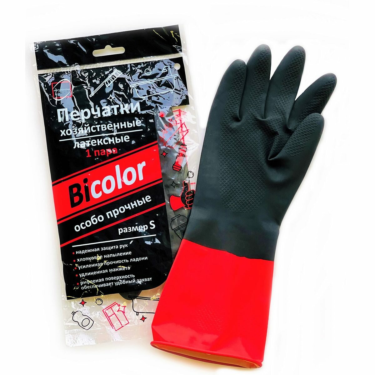 Перчатки латексные BiColor, черно-красные, хлопчатобумажное напыление, размер 7 (S), 1 пара (139468)