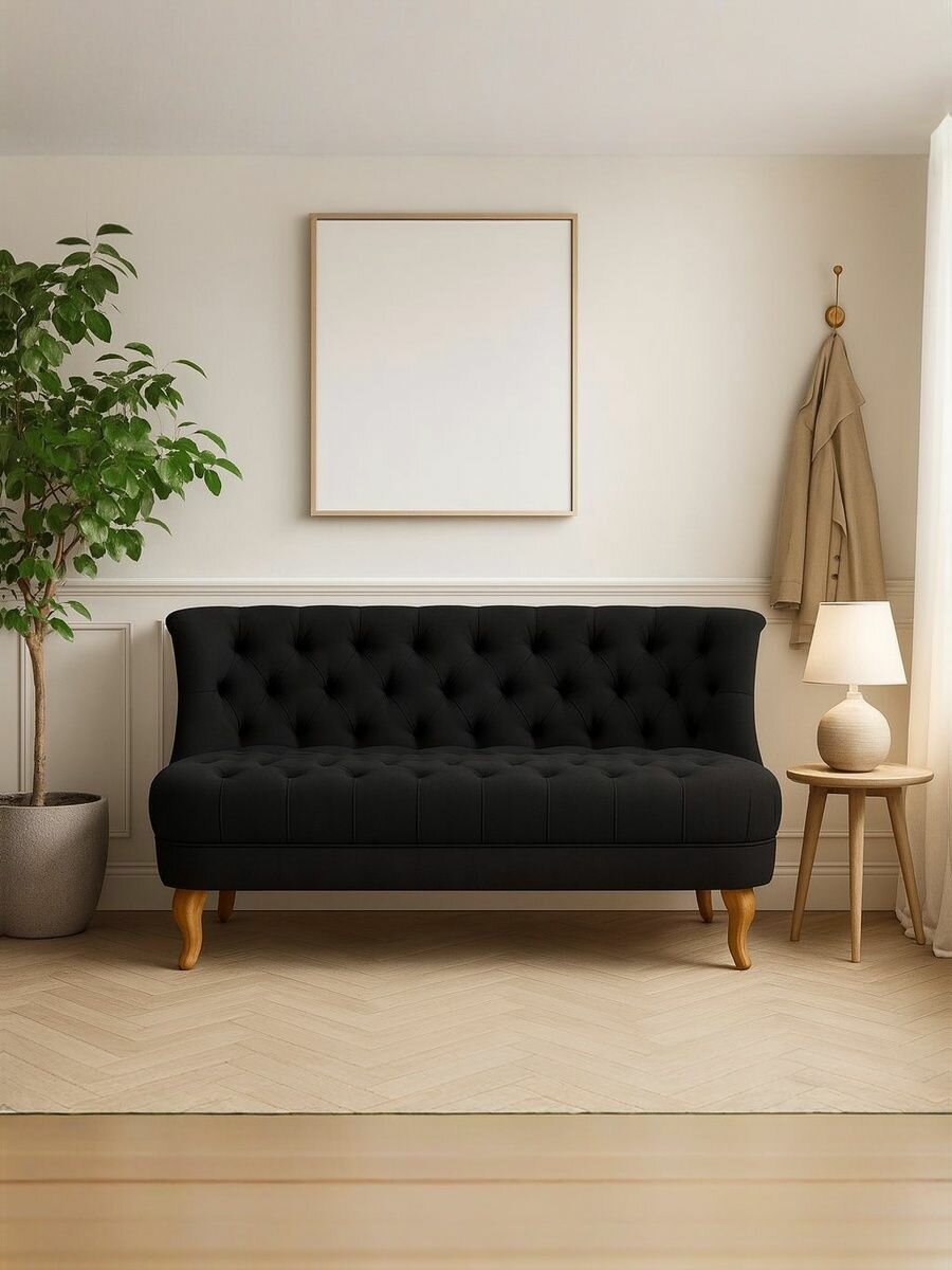 Прямой диван NOTTE "Марсель-2" 135*72*80 см, натуральный велюр, черный, нераскладной интерьерный диван