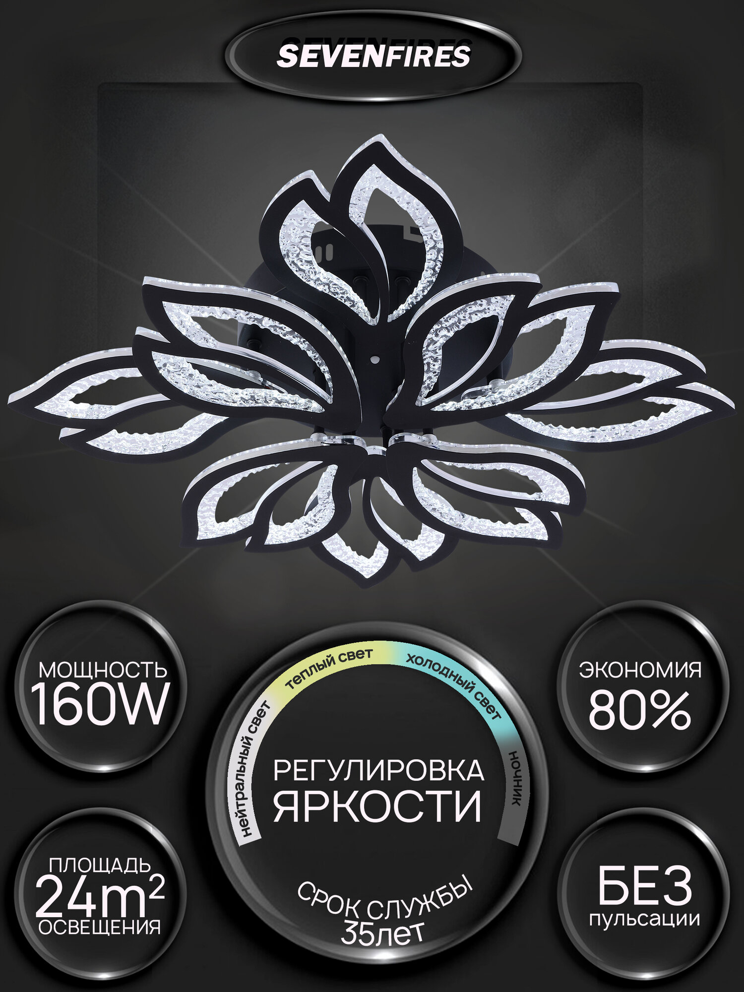 Люстра Семь Огней потолочная светодиодная черная SF5017/8С-BK