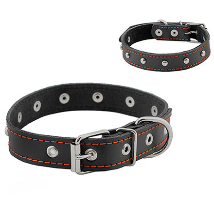 Ошейник Хоумпет для собак Кожаный с Украшениями простроченный Черный 25 мм/35-47 см