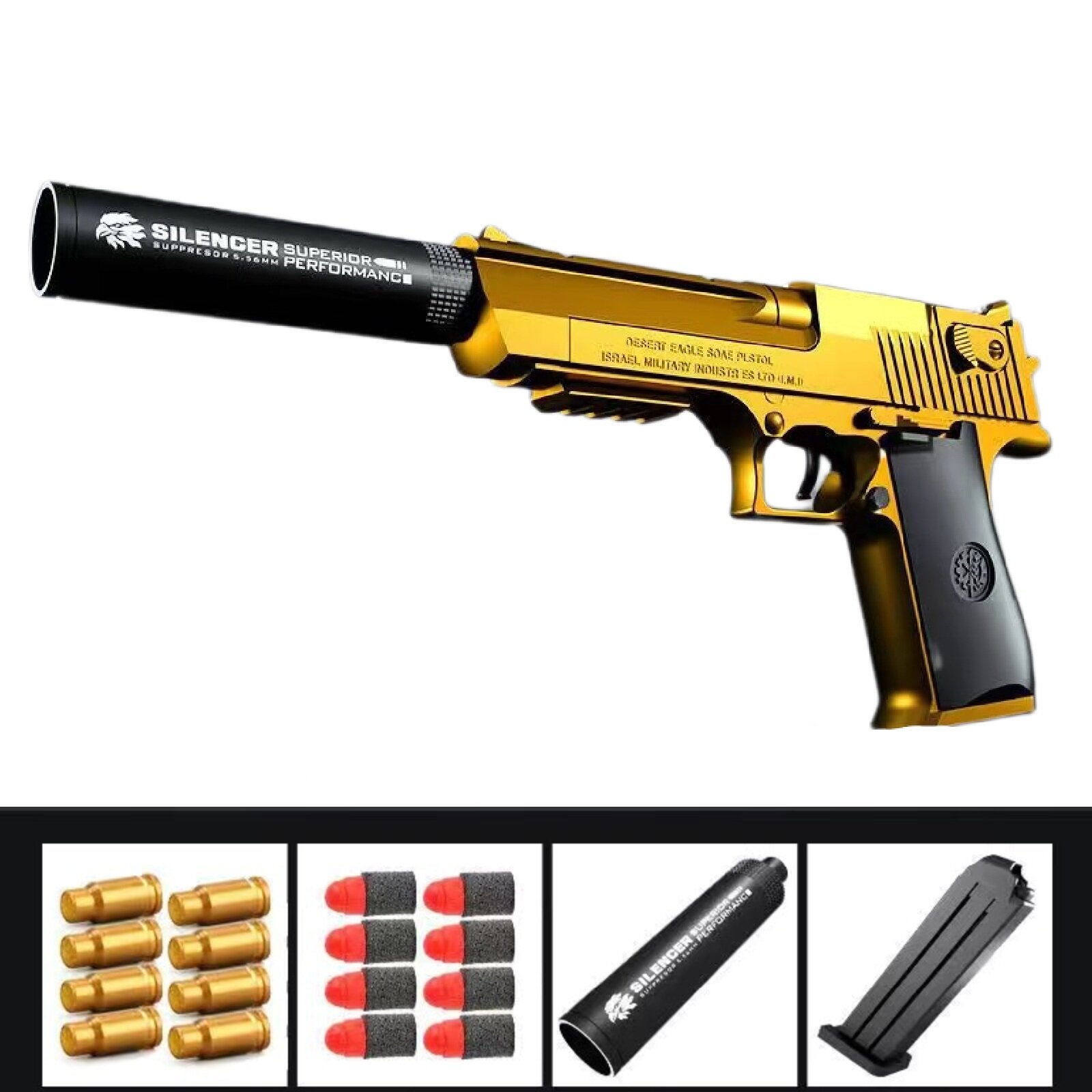 Игрушка для стрельбы с мягкими пулями Golden Desert Eagle Shell, цвет золотой и черный, с патронными обоймами, мягкими пулями, глушителями и нижними магазинами