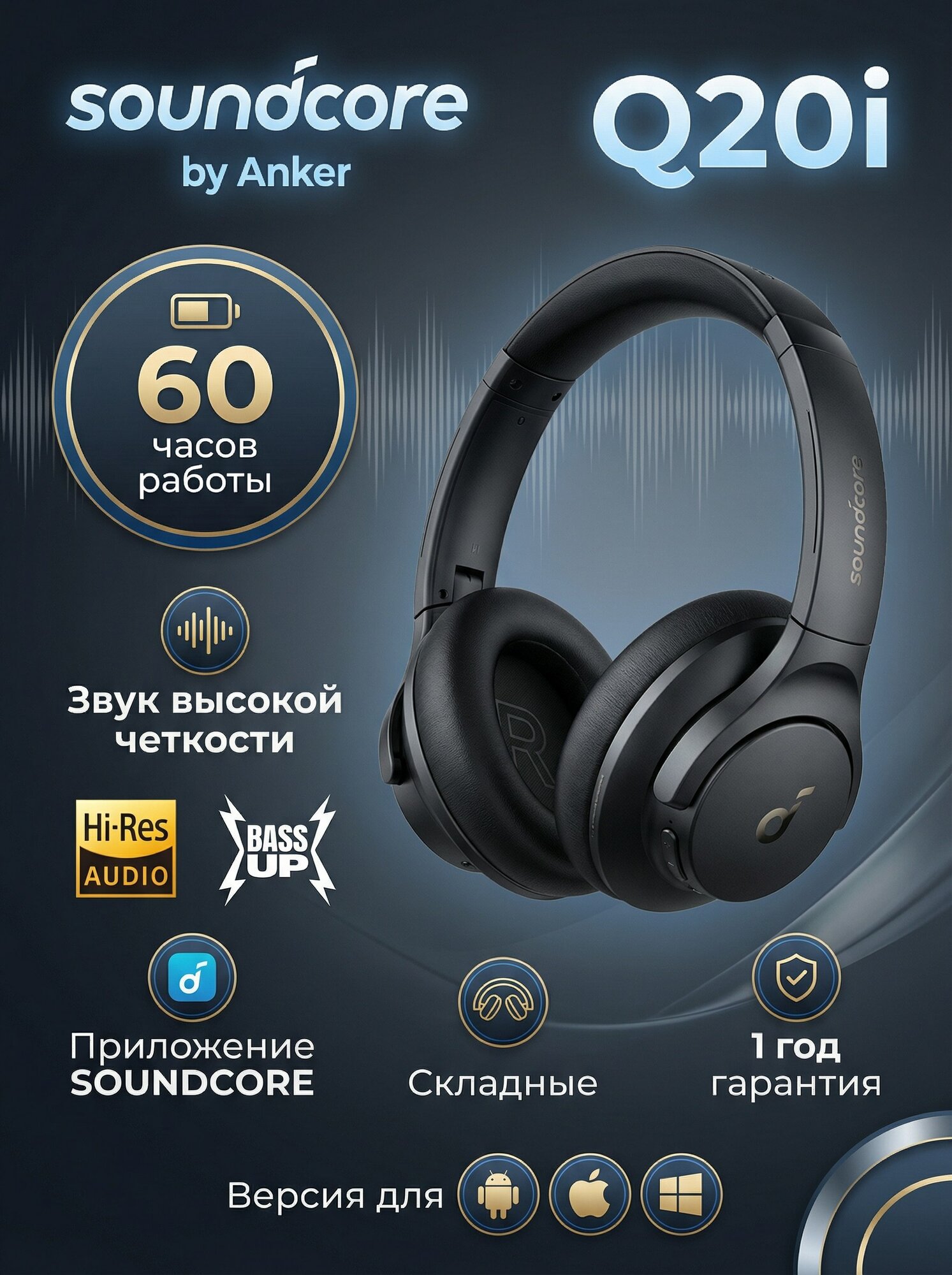 Наушники Soundcore by Anker Q20i, беспроводные bluetooth, активное шумоподавление, микрофон, для телефона, ПК