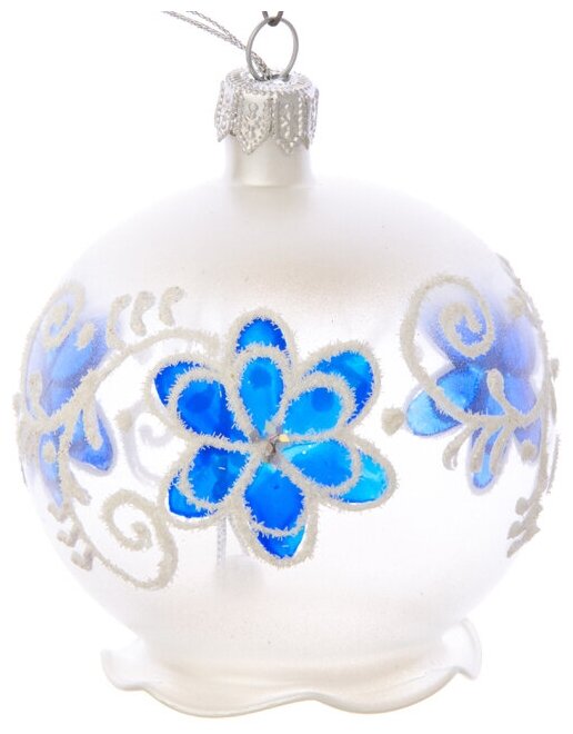 Стеклянный елочный шар Цветочный узор 7 см прозрачный с синим, Фабрика Елочка, С1702-син