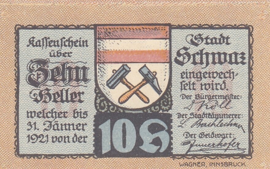 Австрия, Швац-ин-Тироль 10 геллеров 1914-1921 гг. (№3)