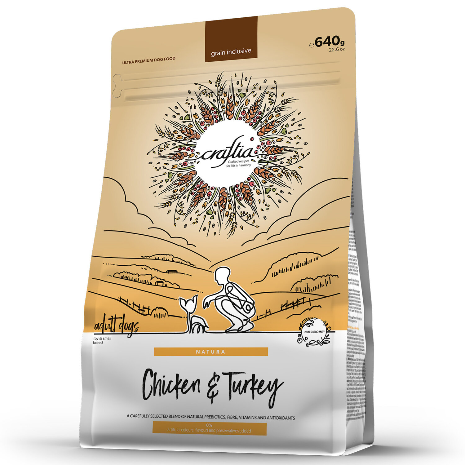 Сухой корм CRAFTIA NATURA для взрослых собак миниатюрных и мелких пород из курицы и индейки 640 гр