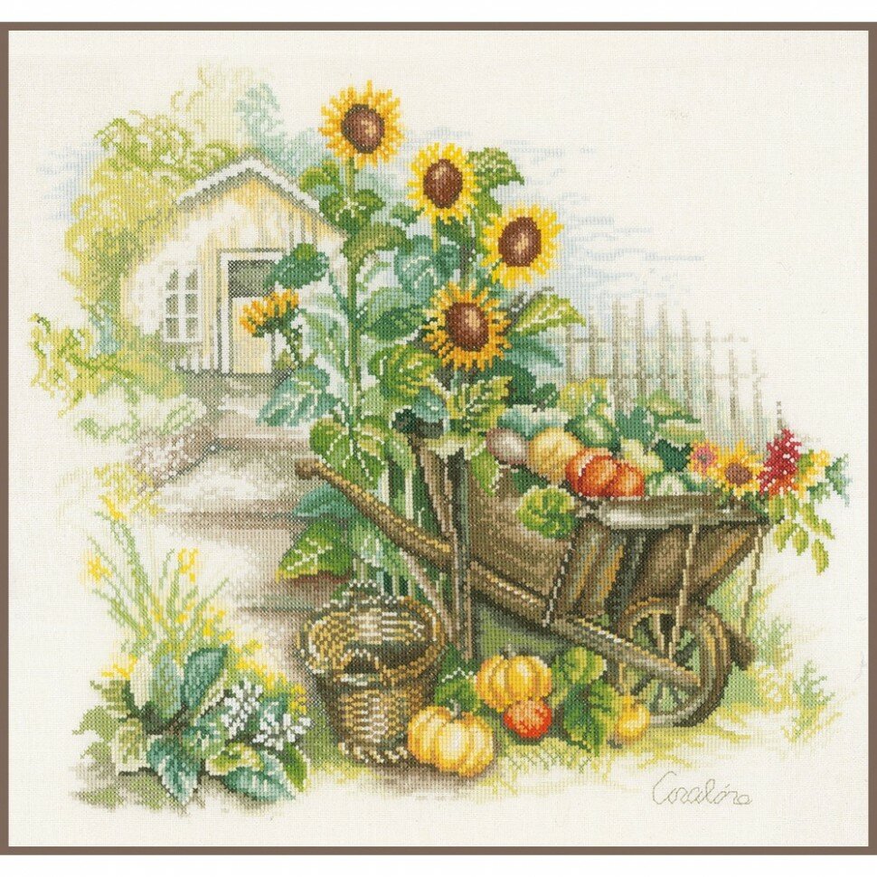 Набор для вышивания Lanarte #PN-0007988 Wheelbarrow and sunflowers (Подсолнухи и телега), Счетный крест, 43 x 37 см