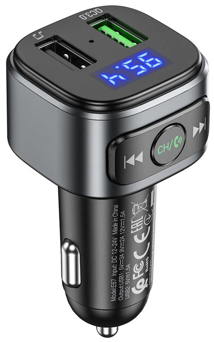 Автомобильный FM трансмиттер Hoco E67 Fighter QC3.0 с функцией зарядки USB 18W + USB 5V / 1.5A, черный