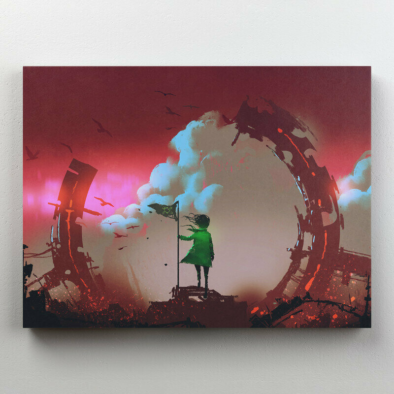 Интерьерная картина на холсте "Девочка в зеленом с флагом" размер 60x45 см