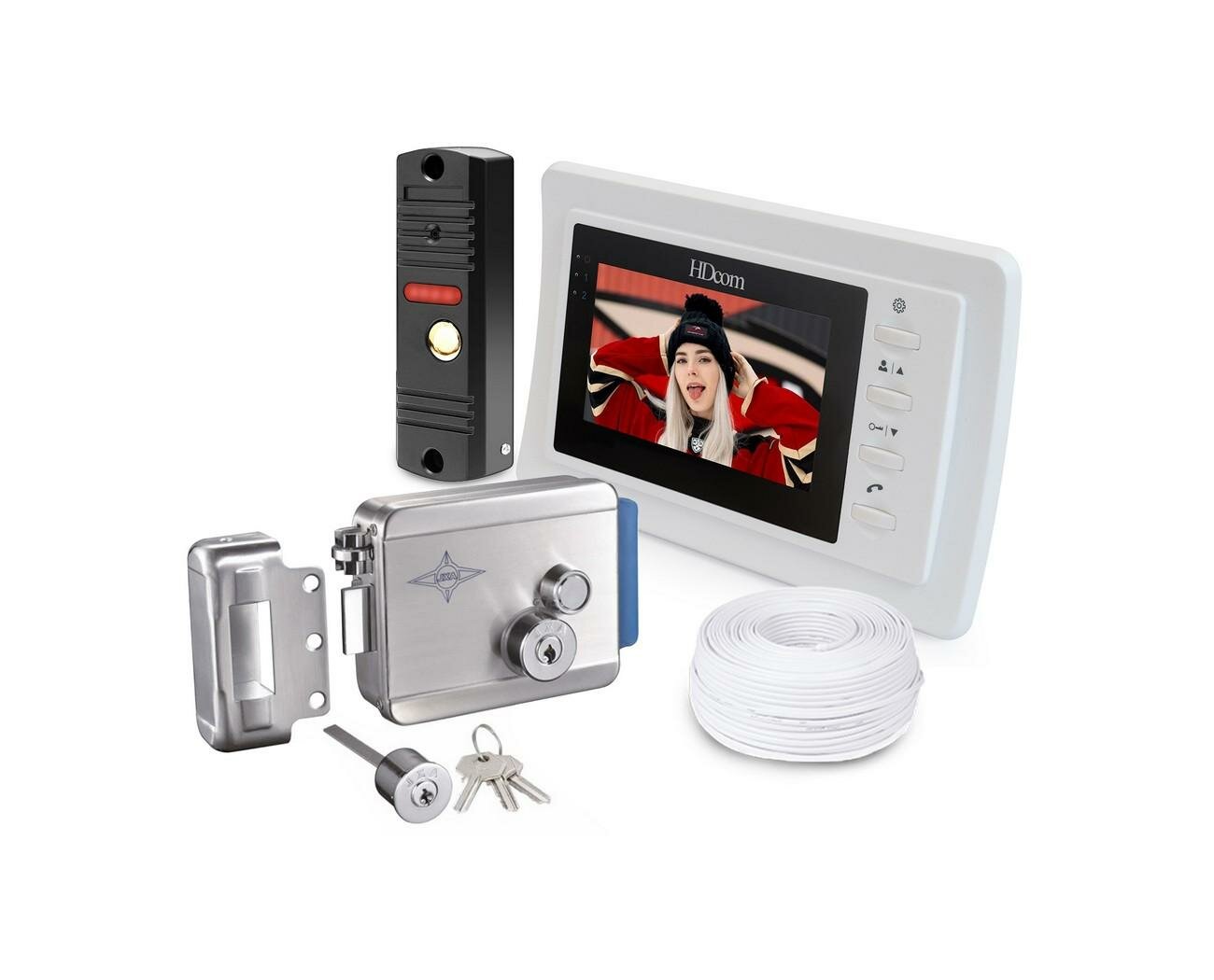 Комплект видеодомофон и электромеханический замок HD ком W(417)NM и AX-(091) (бел) (O42643NA) - домофон в дверь с электрозамком и кабелем
