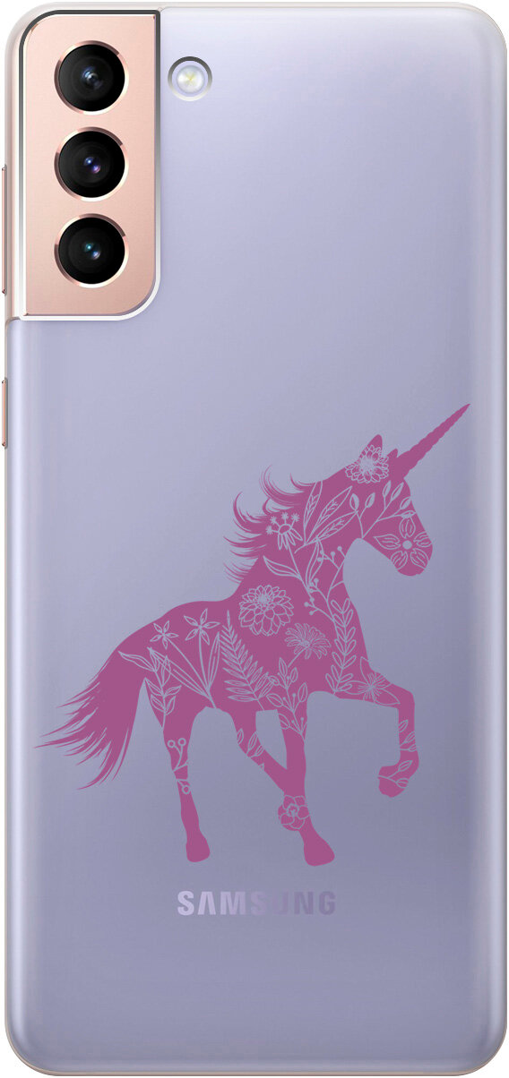 Силиконовый чехол на Samsung Galaxy S21+, Самсунг С21 Плюс с 3D принтом "Floral Unicorn" прозрачный
