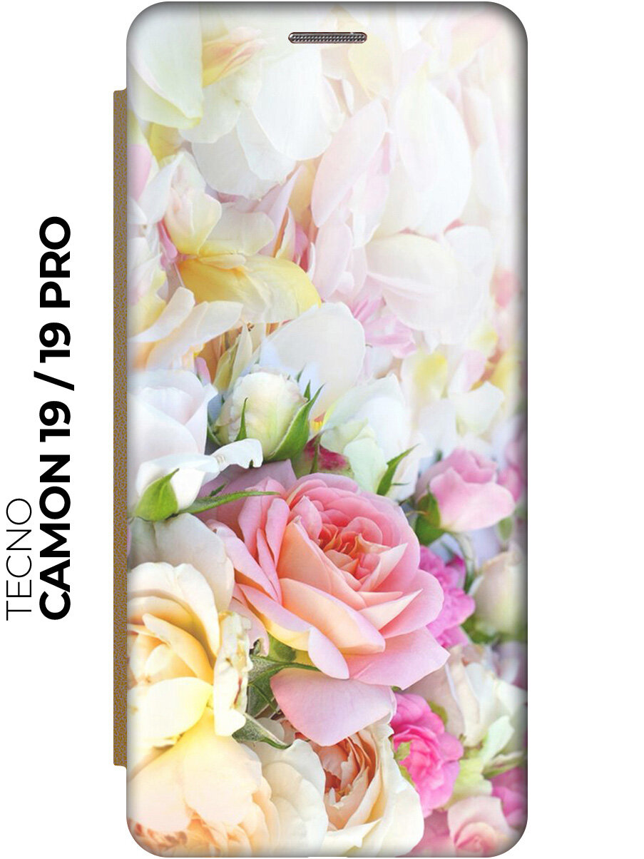 Чехол-книжка на Tecno Camon 19 / 19 Pro / Техно Камон 19 / 19 Про с рисунком "Нежные розы" золотой