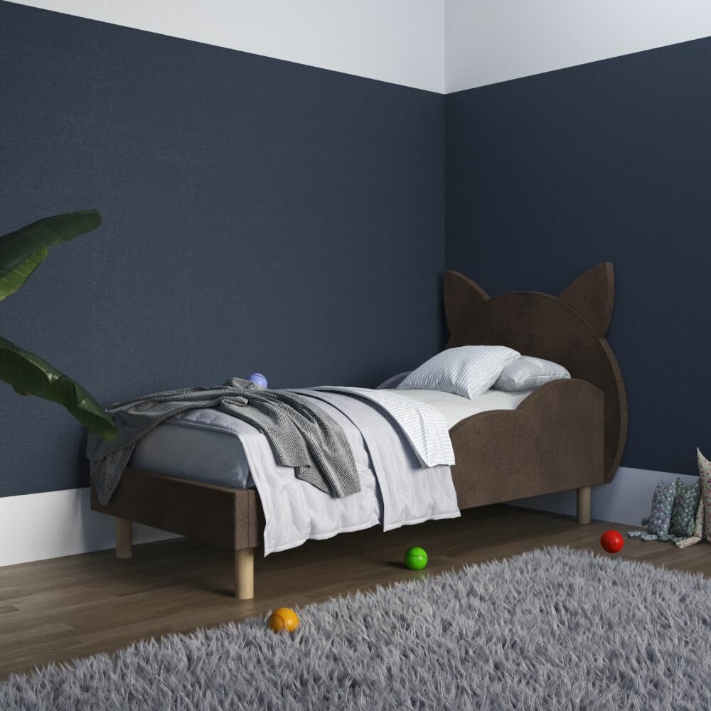 Детская кровать мягкая с ушками и бортиками 70x160 Китти цвет Коричневый