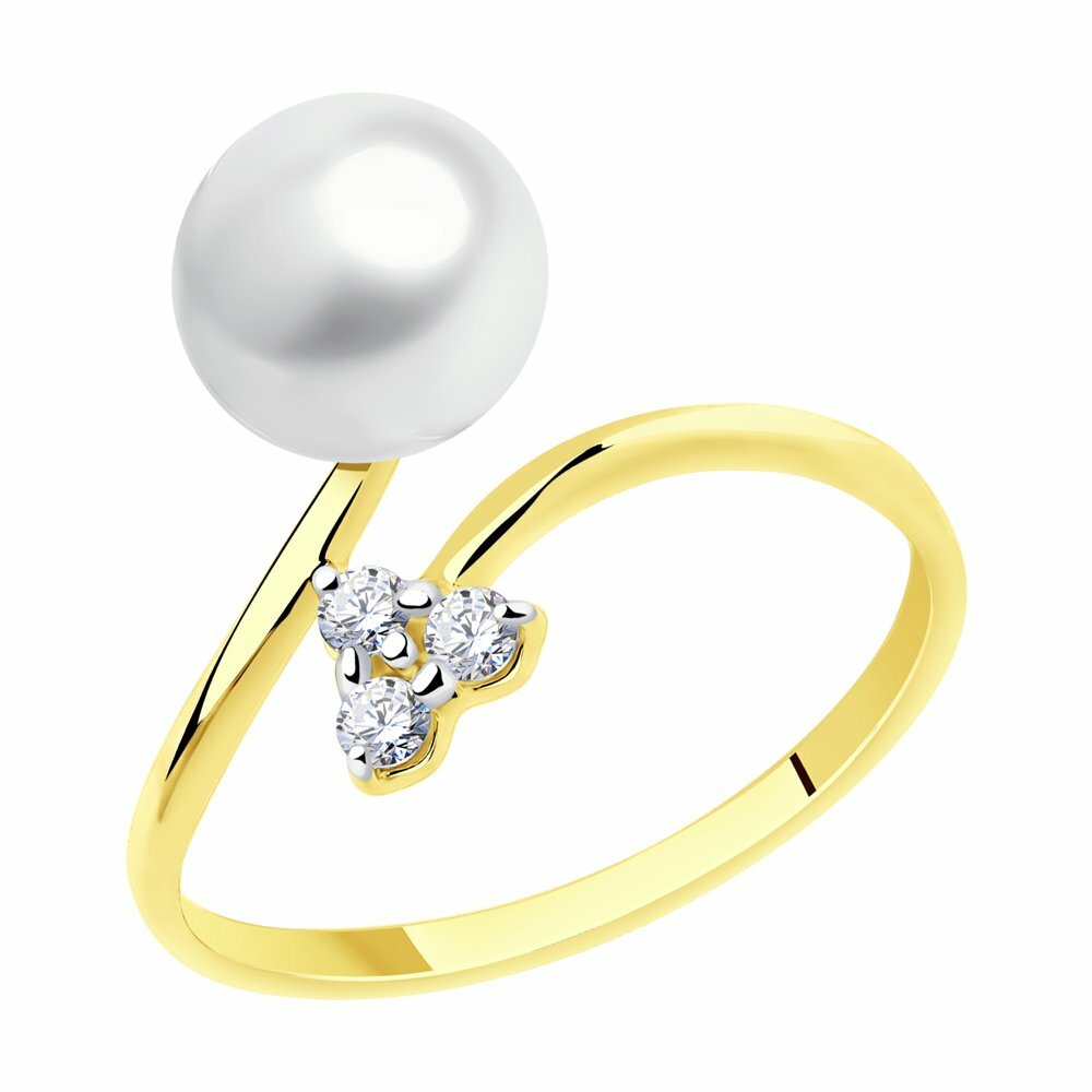 Кольцо, желтое золото, 585 проба, фианит, жемчуг пресноводный культивированный