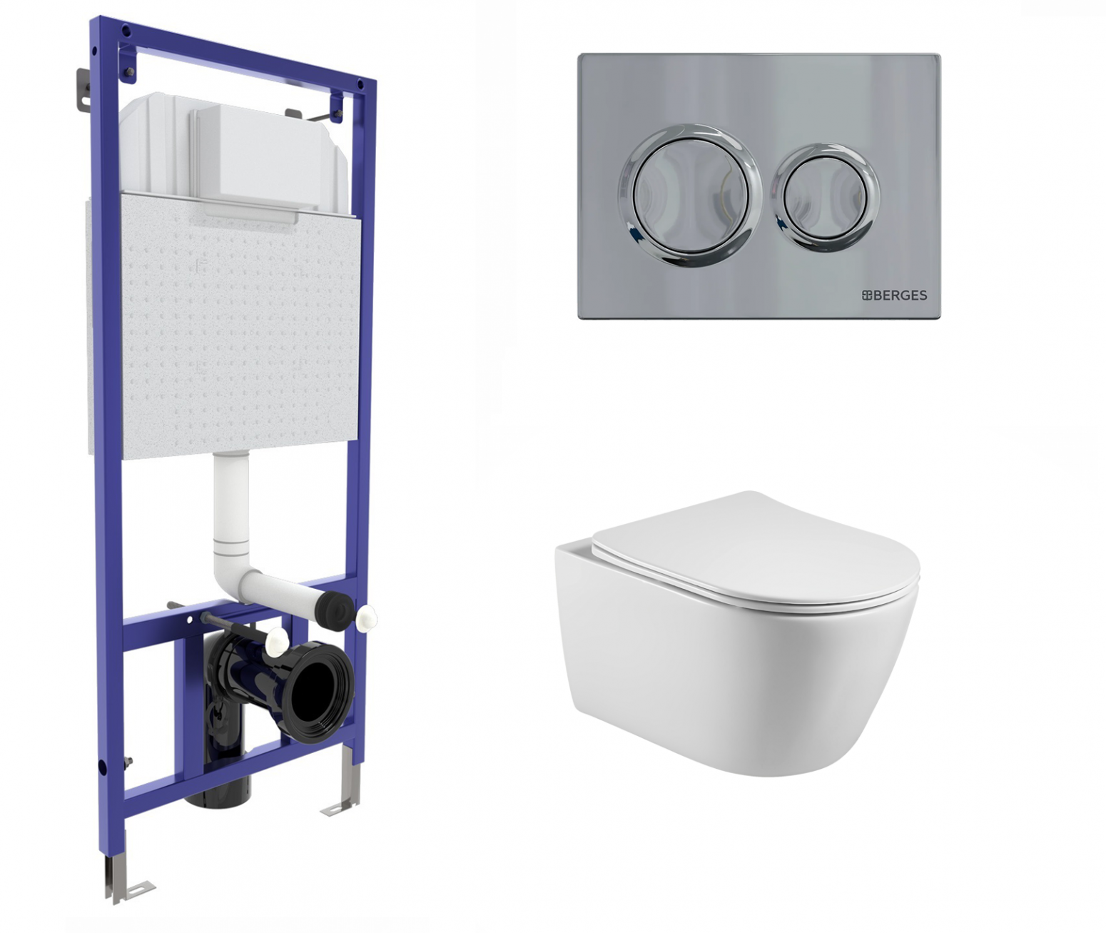 Комплект 3 в 1 инсталляция Berges Novum O3 + Унитаз подвесной Акватек Вега AQ1905-00 с кнопкой глянцевой хром