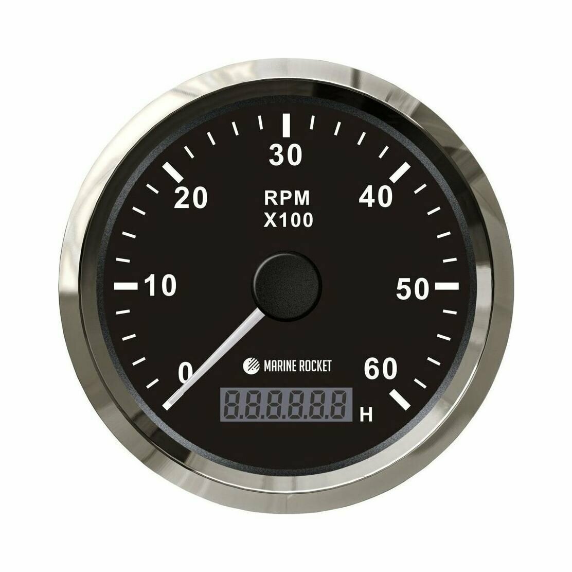 Тахометр 0-6000 об/мин со счетчиком моточасов делитель 0.5-250, черный циферблат, нержавеющий ободок