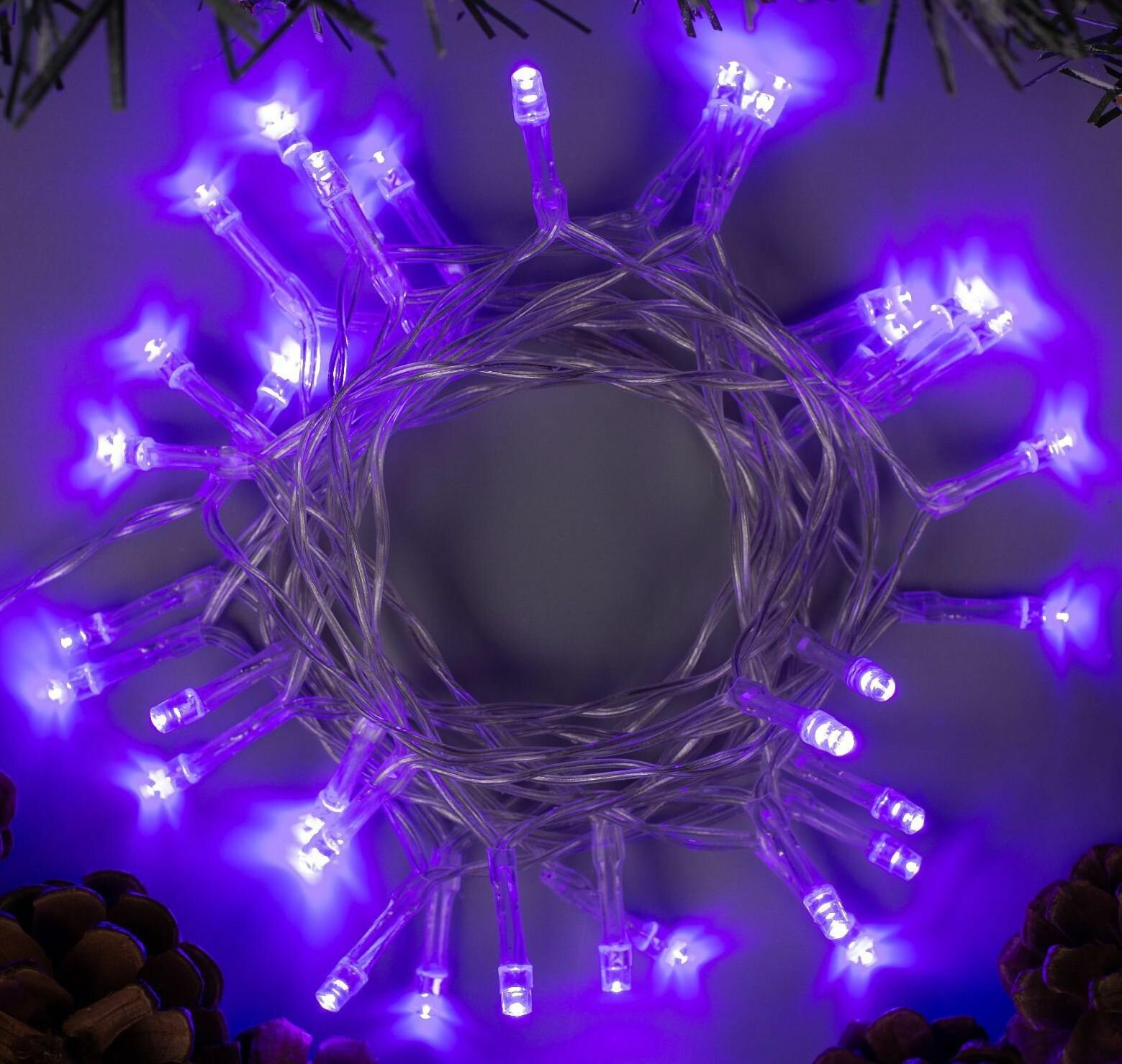 Гирлянда интерьерная светящаяся "Нить" 2 м, IP20, прозрачный шнур, 20 LED, свечение фиолетовое, 2 режима, работает от батареек AAх3, декоративная новогодняя электрогирлянда для украшения дома и на елку, праздничный декор на новый год