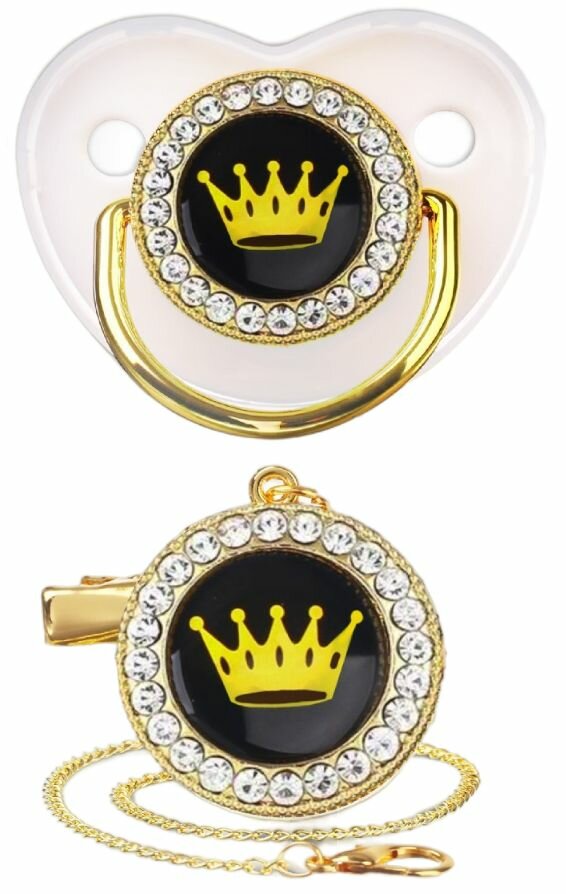 Пустышка ортодонтическая "PRINCESS" с колпачком, детская соска с держателем, для малышей от 6 месяцев, цвет белый/серебро. Товар уцененный