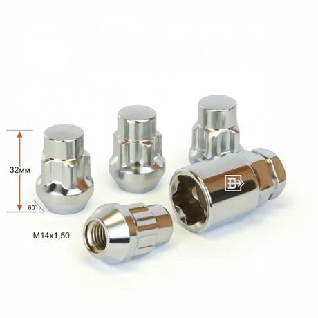 Гайка колесная секретная M14х32х1,5 ( конус c буртиком, открытая,5 лучей 1 ключ)