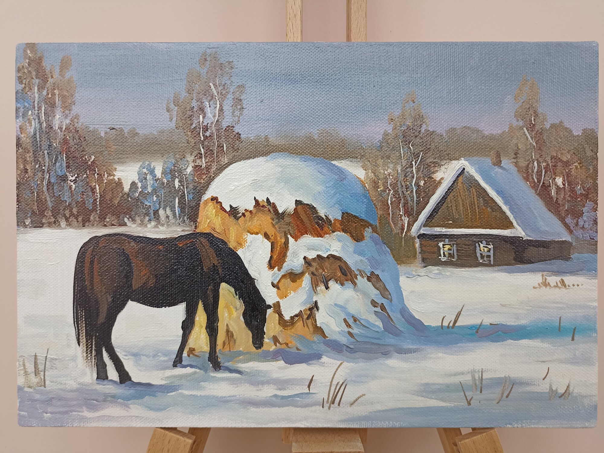 Картина масло/холст. 100% ручная работа, 100% живопись от Художественной мастерской Грёзы. Картина из серии "Зимние пейзажи". Домик. Стог сена. Лошадь. Размер картины 20х30 см.