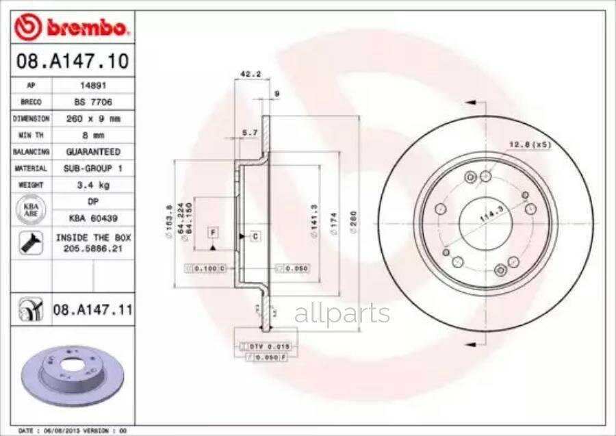 BREMBO 08. A147.10 Диск тормозной
