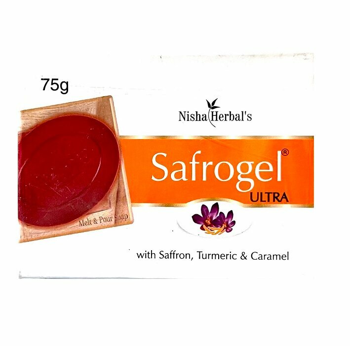 SAFROGEL ULTRA Soap, with Saffron, Turmeric & Caramel, Nisha Herbal's (сафрогель ультра, Аюрведическое мыло с шафраном, куркумой и карамелью, Ниша Хербалс), 75 г.