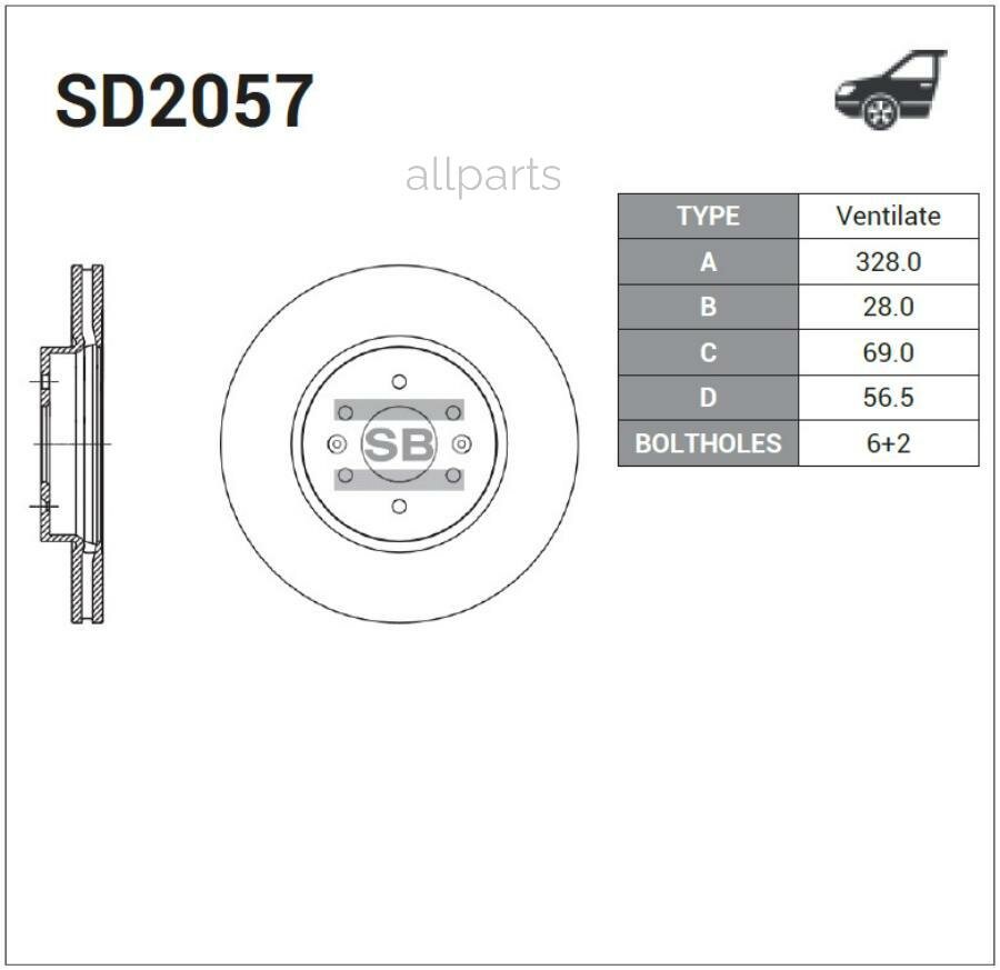 SANGSIN BRAKE SD2057 Диск тормозной передний SANGSIN BRAKE SD2057