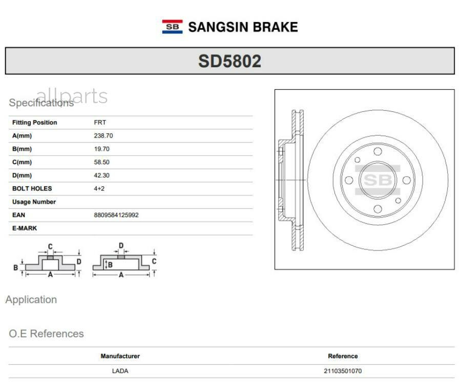 SANGSIN BRAKE SD5802 диск тормозной SD5802 (21103501070) ВАЗ-2110-12111821702190 R13