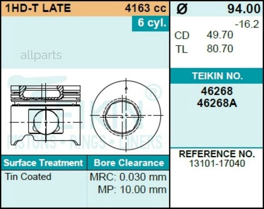 TEIKIN 46268 050 Поршни (к-т 6 шт) TOYOTA LAND CRUISER 1HD-T 92-95
