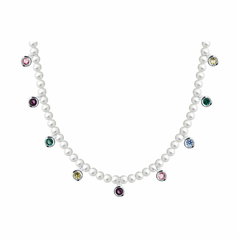 Колье, серебро, 925 проба, родирование, жемчуг имитация, фианит