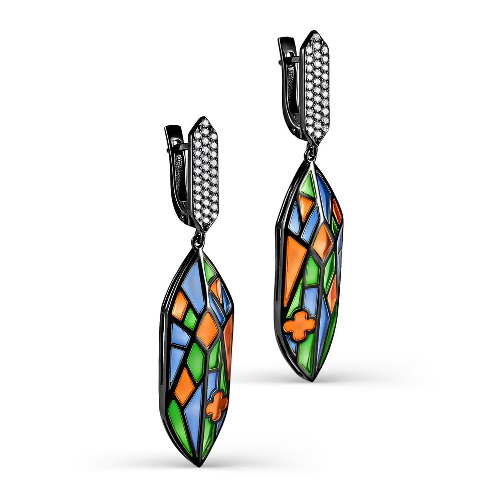 Серьги с подвесками, серебро, 925 проба, родирование, фианит