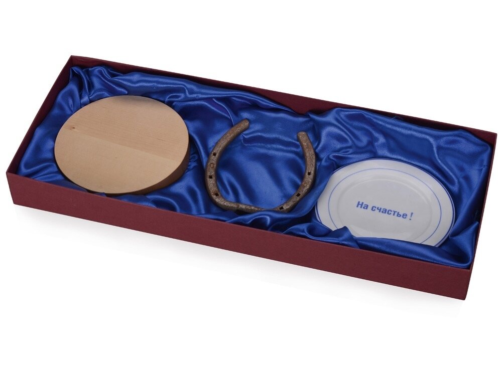 Набор "Генератор удачи": кусок дерева, подкова, тарелка "На счастье", цвет коричневый/белый