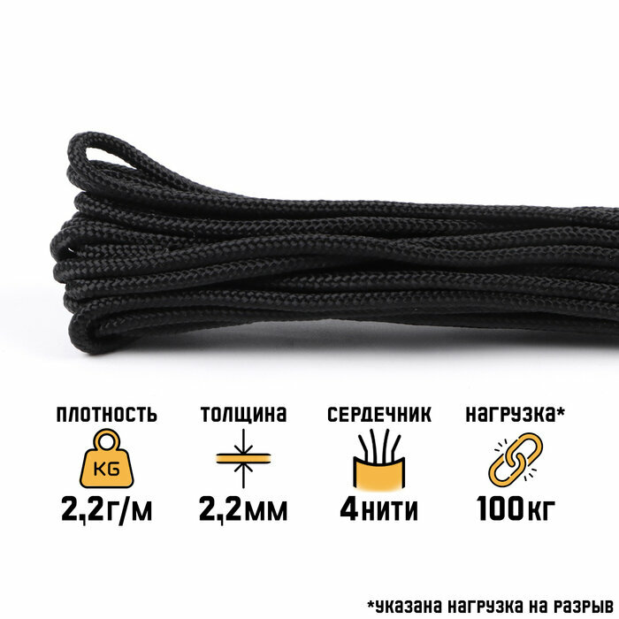 Паракорд 275, d=2.2 мм, 10 м, нейлон, чёрный