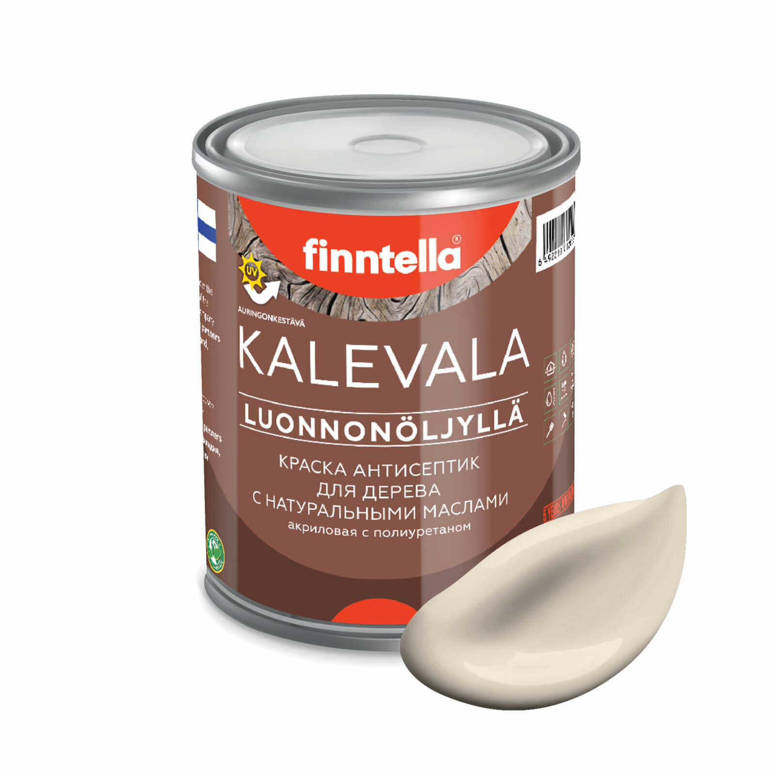 Краска для дерева и деревянных фасадов FINNTELLA KALEVALA, с натуральным маслом и полиуретаном, цвет MANTELI (светло-бежевый теплый) , 0,9л