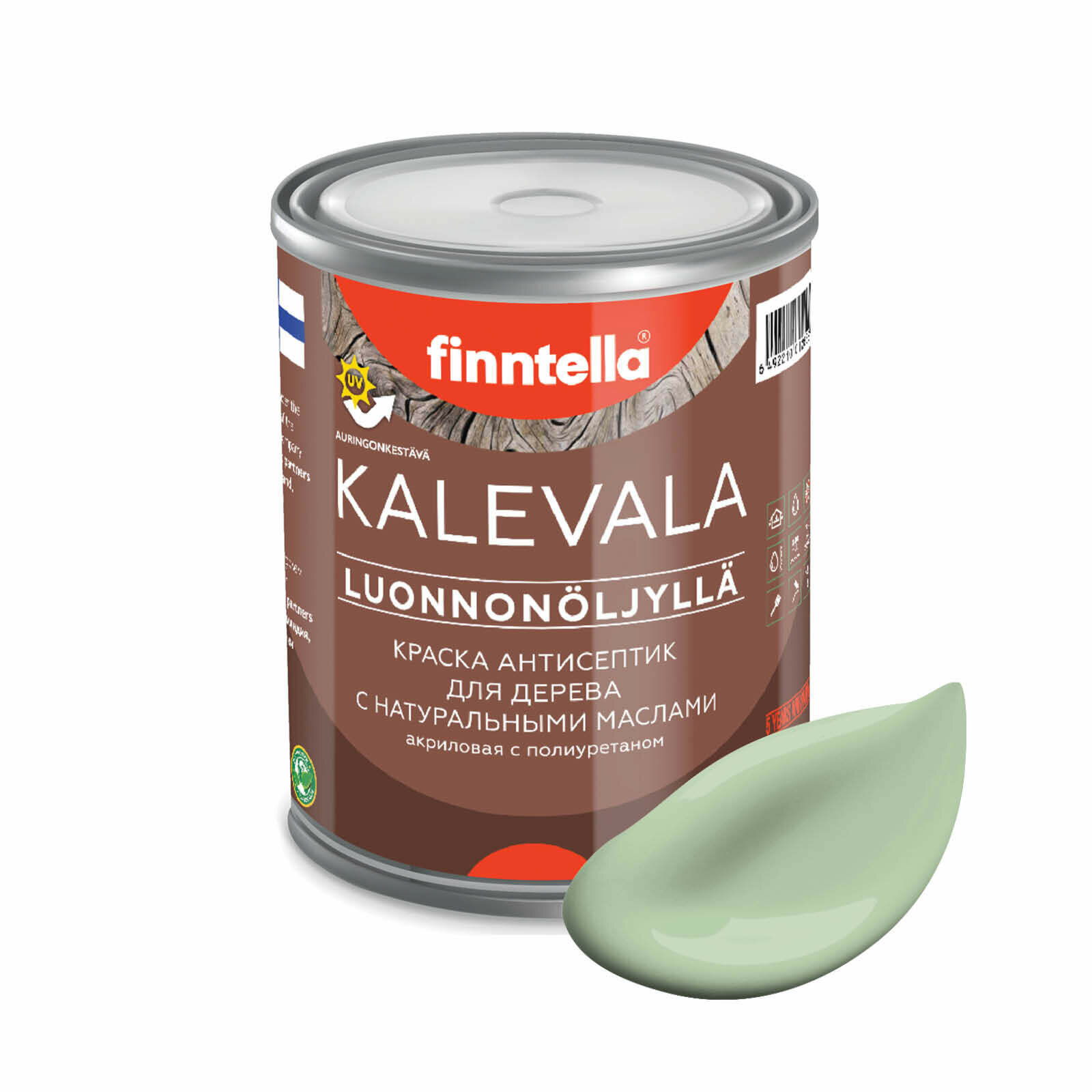 Краска для дерева и деревянных фасадов FINNTELLA KALEVALA, с натуральным маслом и полиуретаном, цвет OMENA (светло-зелёный) , 0,9л