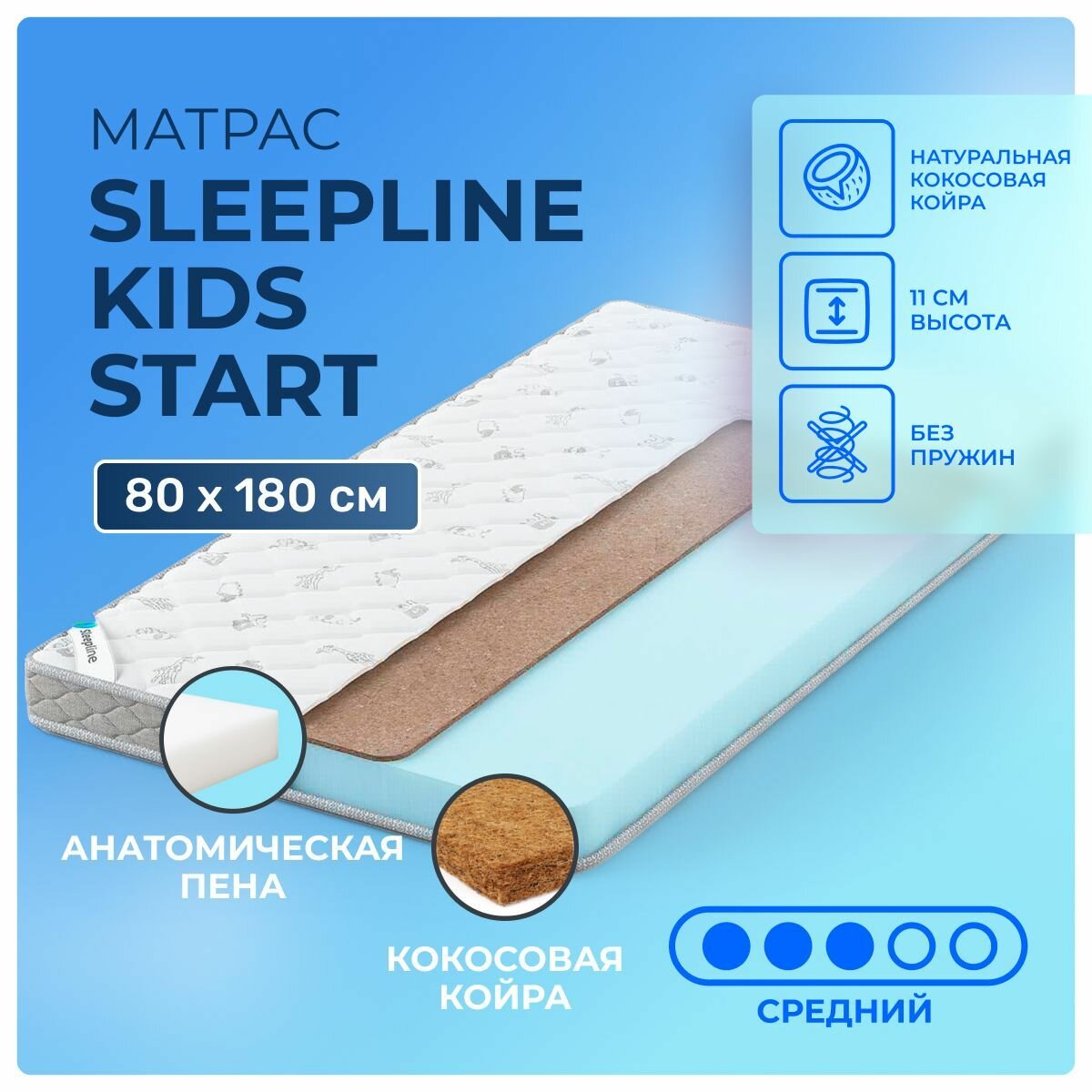 Детский беспружинный матрас 80х180 Sleepline Kids Start, cредне-жесткий, пенополиуретан и кокос, детский 180х80
