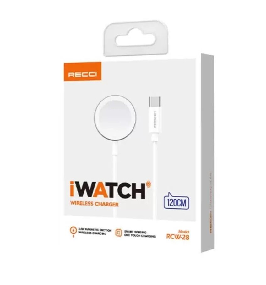 Магнитная зарядка для Apple Watch series 1-11/SE/ULtra, Recci iWatch Charger RCW-28 c кабелем Type-C 1.2 м, Белый