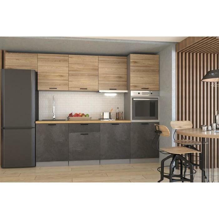 Кухонный гарнитур прямой «лофт 21», 3000×600 мм, цвет серый/рустик натуральный/бетон тёмный/дуб бунратти