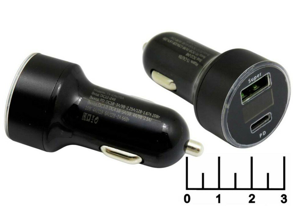 Автомобильное зарядное устройство USB+Type C гнездо 5V 3A/9V 2.25A/12V 1.67A + вольтметр TS-CAU70A