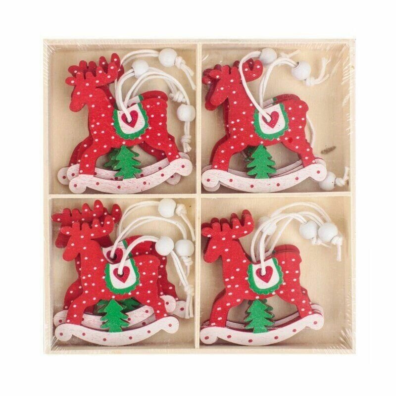 НГ Набор деревянных украшений 12 штук "Олени" красные