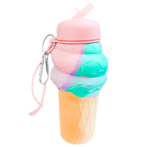 Бутылка для воды складная KWELT 500мл, Ice cream, силикон, трубочка, карабин