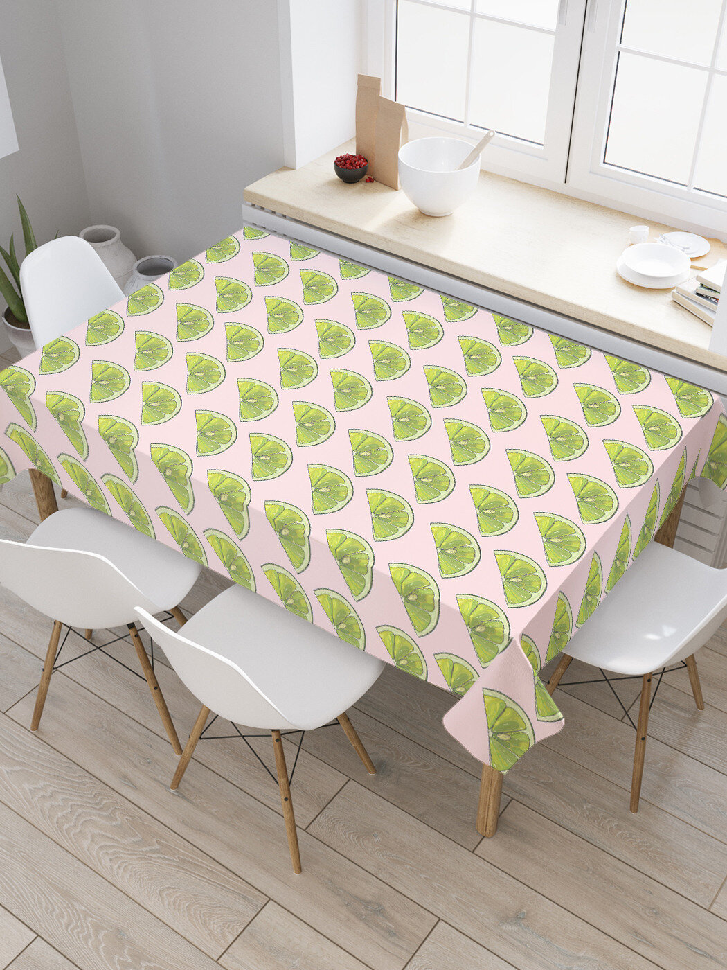 Прямоугольная тканевая скатерть на стол с рисунком "Дольки лайма" 120 на 145 см, JoyArty