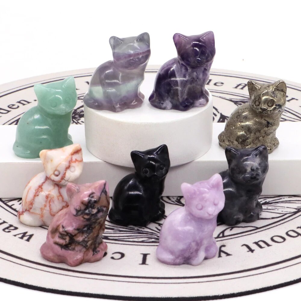 Мини-фигурка кота из черного оникса, розового кварца или аметиста 10PC, Random Stone