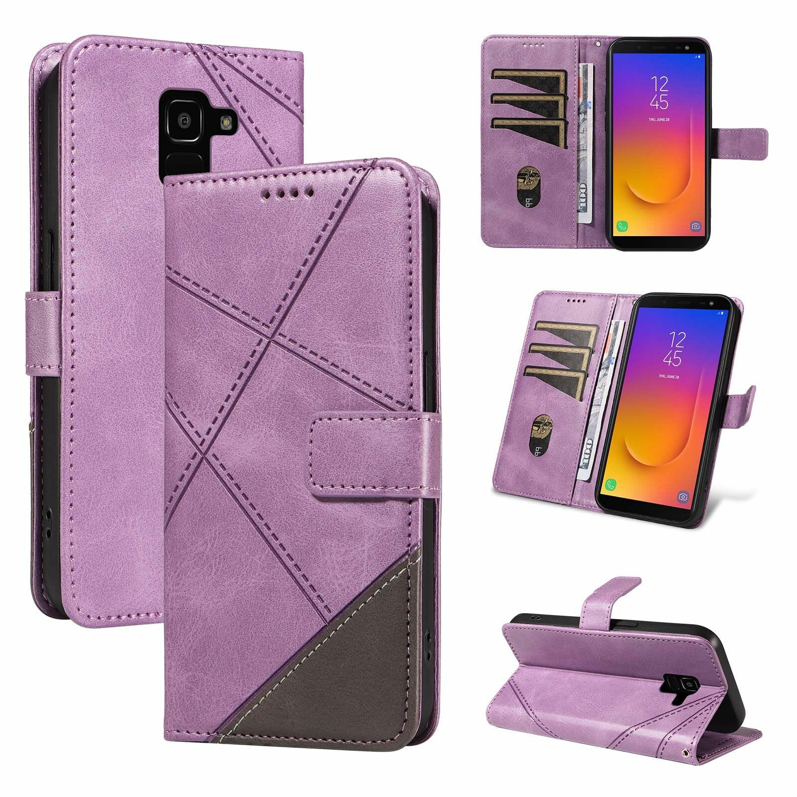 YIKATU Чехол книжка для Samsung Galaxy J6 2018 (Самсунг Галакси Джей 6 2018) кожаный черный с магнитной застежкой, flip чехол с функцией подставки, С вытяжным шнуром