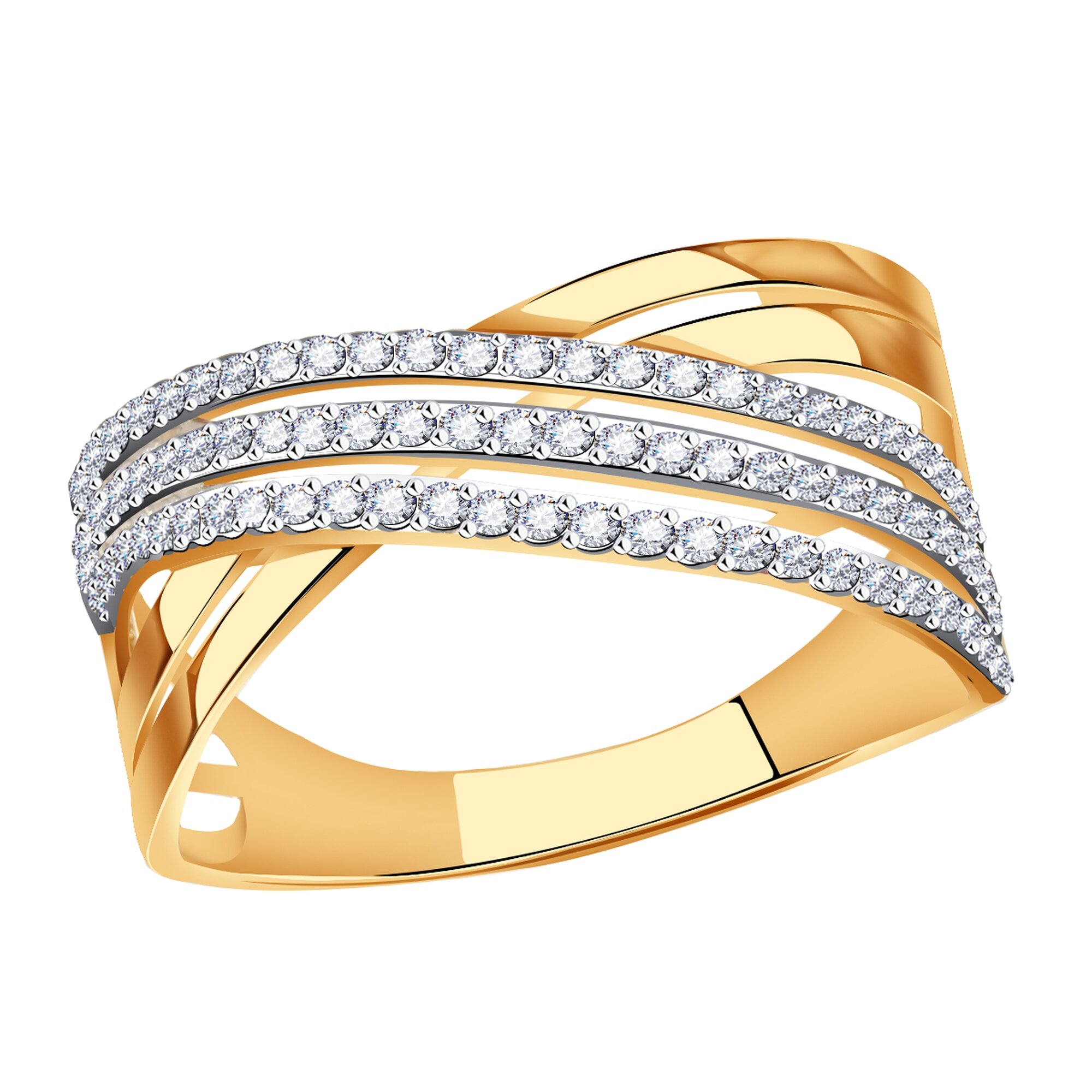 Кольцо широкое, дорожка, красное золото, 585 проба, фианит