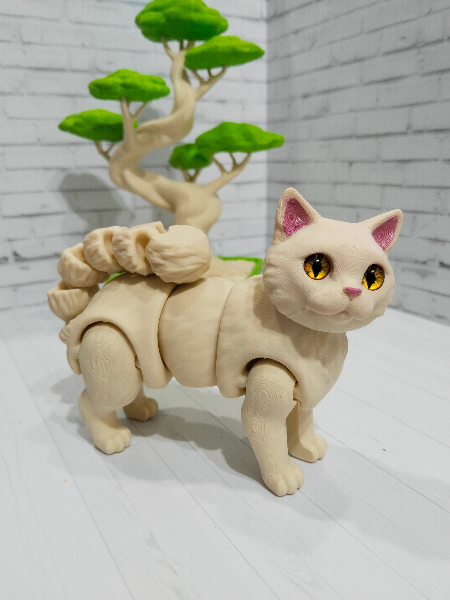 Кот, котик, кошка, подвижная фиджет игрушка-антистресс, большая 23 см. Светло-бежевый матовый. С реалистичными живыми глазками. 3D печать. Сделано в России.