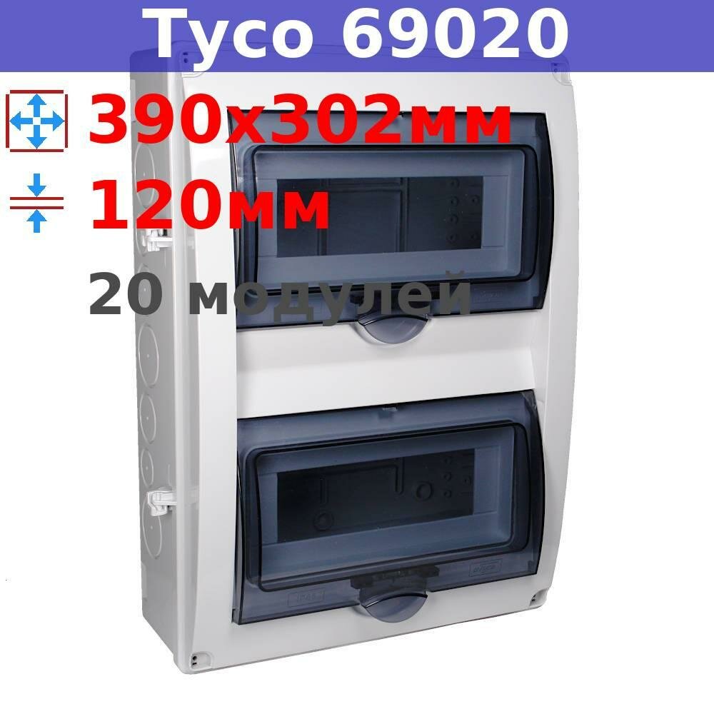 69020 Тусо Щиток для открытой провдоки на 20 модулей с прозрачной дверцей, 390х302х120мм, IP65, серый. йцу