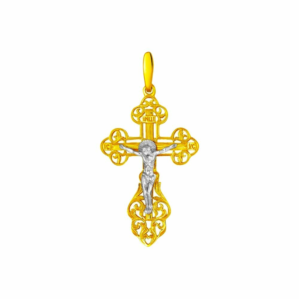 Крестик, белое, желтое золото, 585 проба, родирование