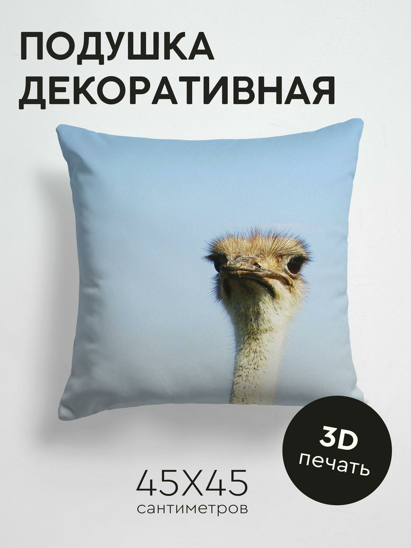 Подушка декоративная, 45x45см / Минимализм / страус / птица / голова