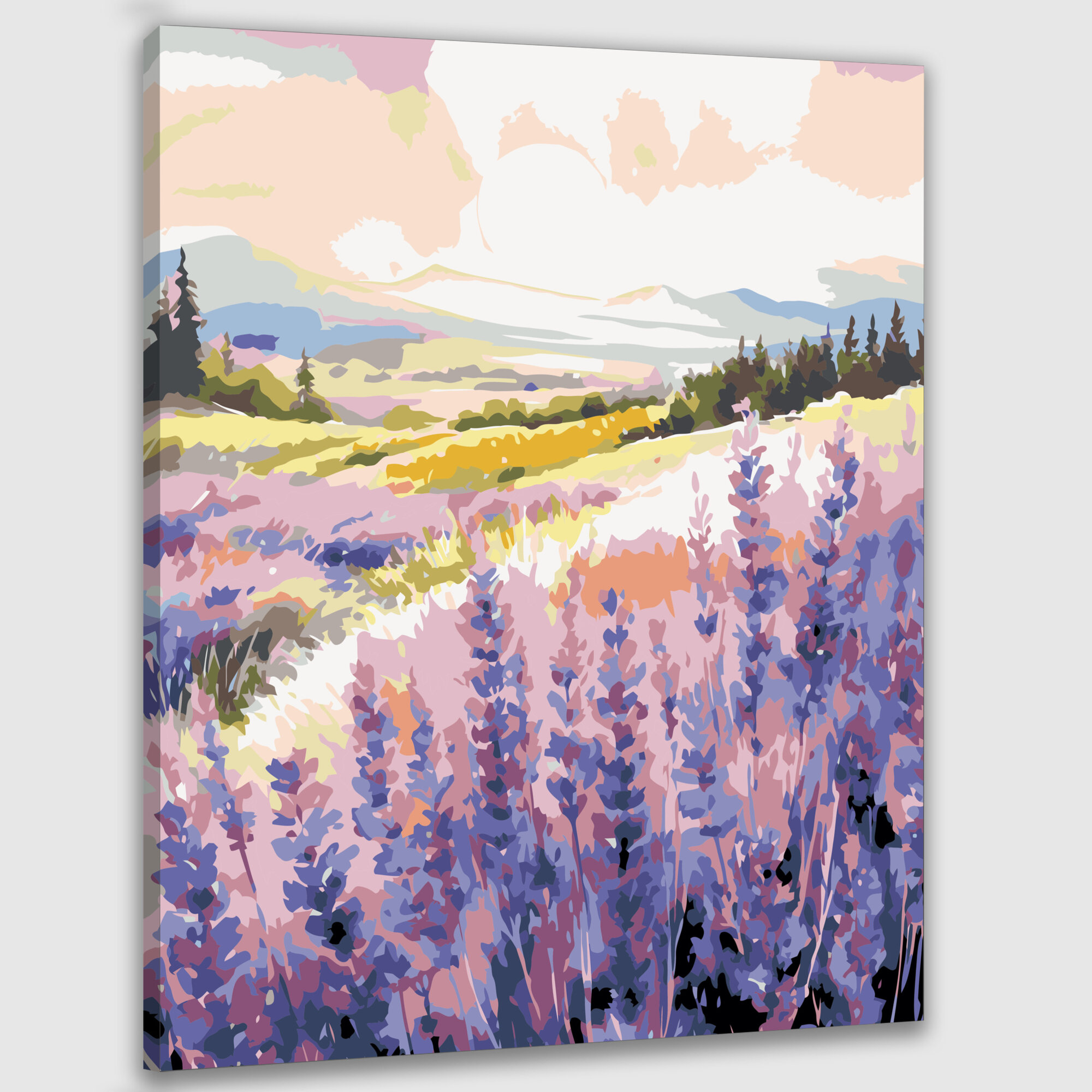 Картина по номерам 40x50 см, акварельная иллюстрация, лавандовое поле, солнце, цветы, фиолетовый, ветерок