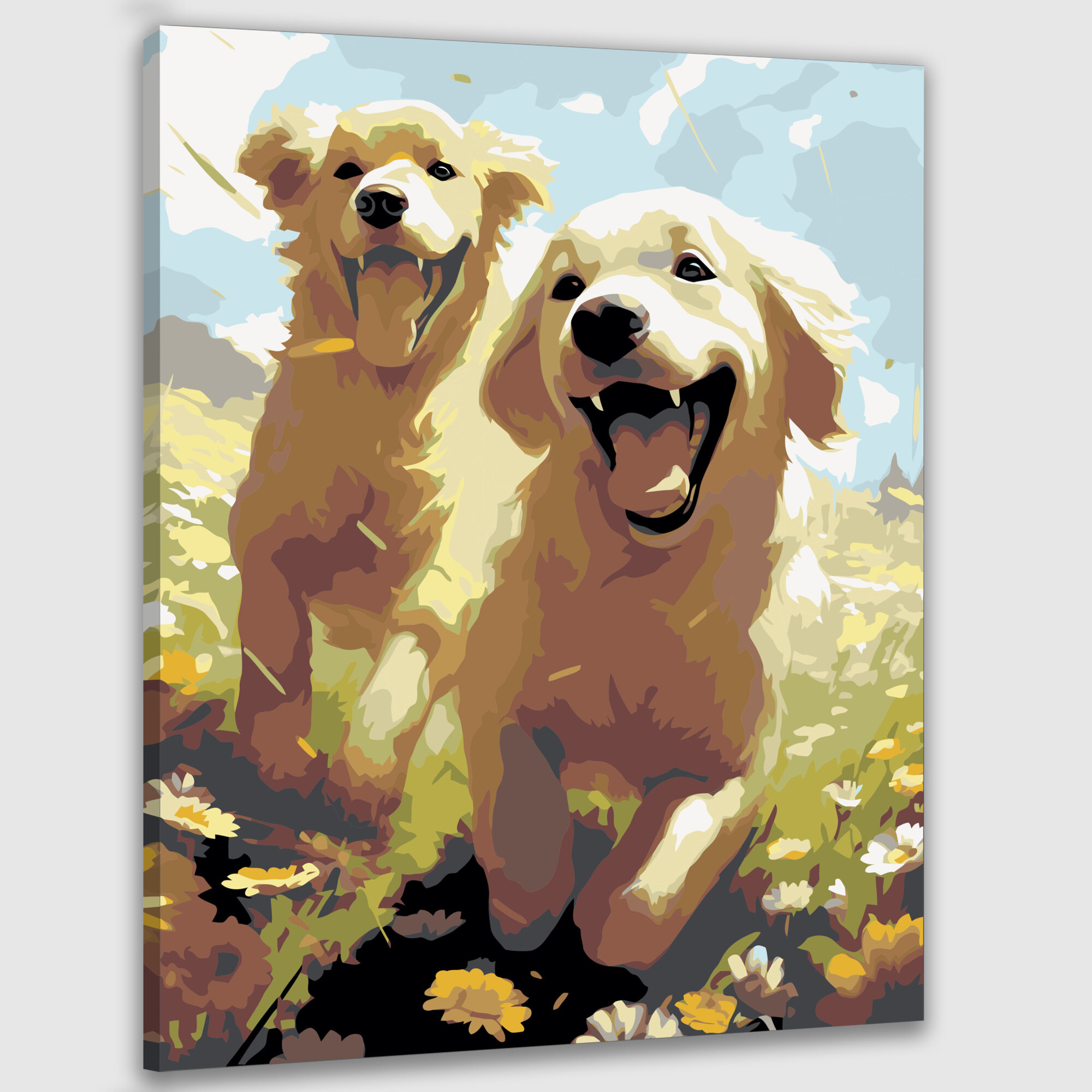 Картина по номерам 40x50 см, щенки, золотистый ретривер, шоколадный лабрадор, солнечный луг, полевые цветы, языки